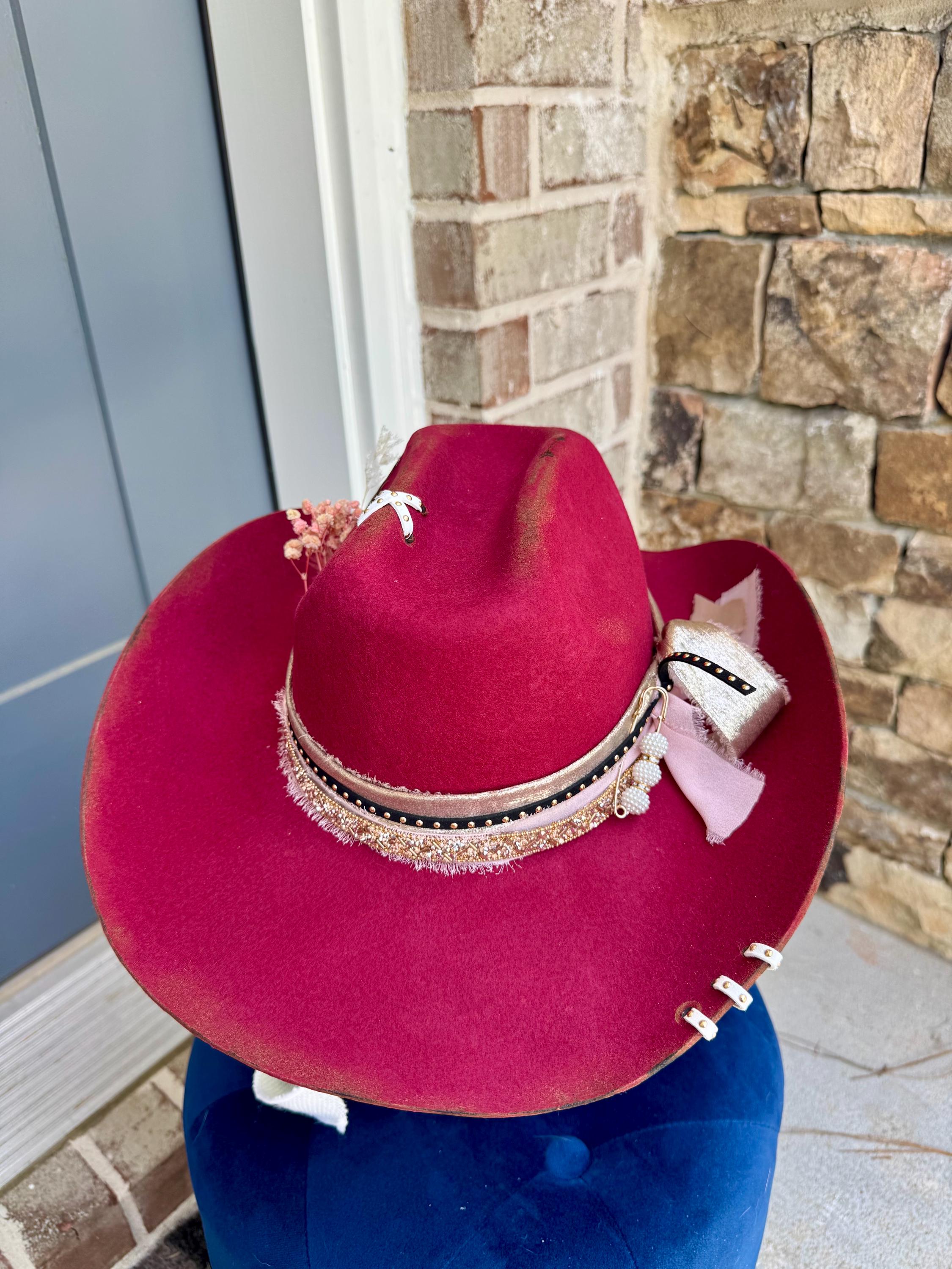Distressed Burgundy Felt Cowboy Hat: Rhinestone, Feather & Ribbon Boho ...