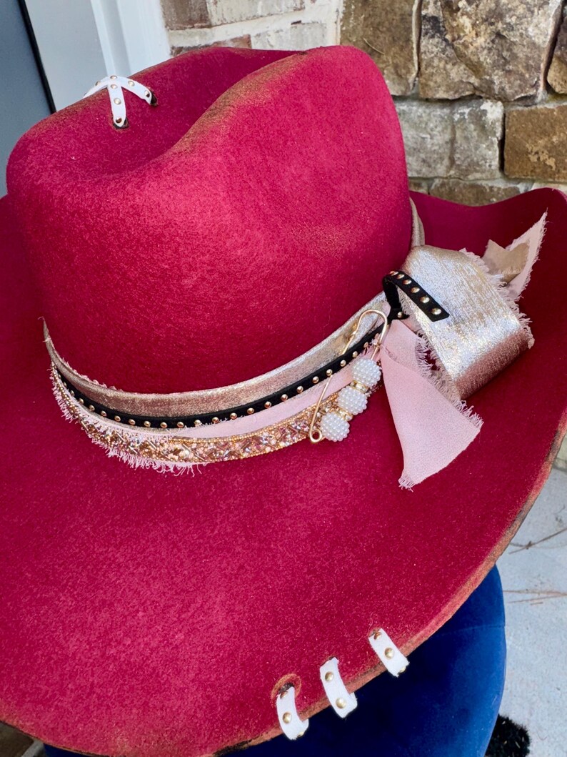 Distressed Burgundy Felt Cowboy Hat: Rhinestone, Feather & Ribbon Boho ...