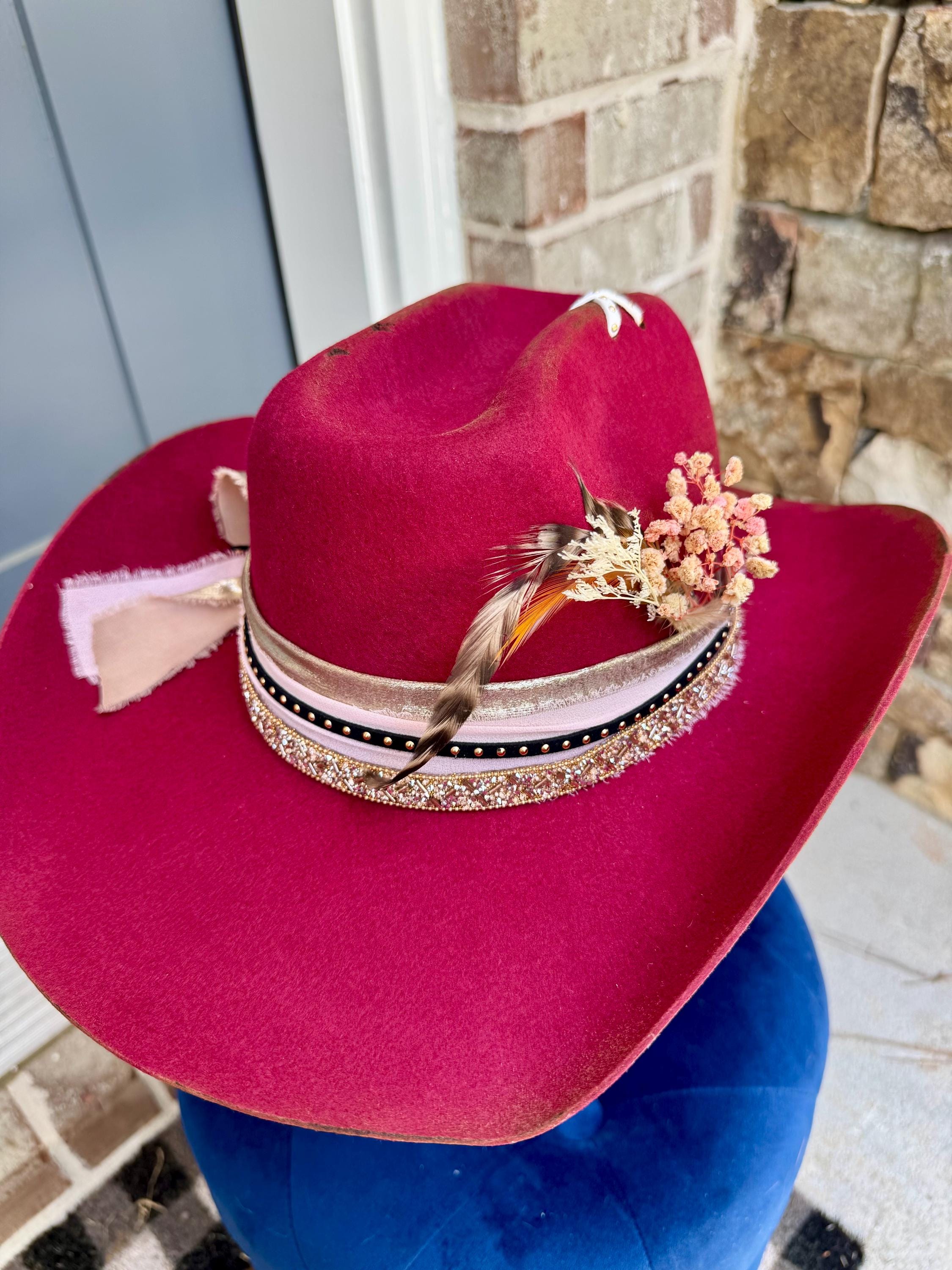 Distressed Burgundy Felt Cowboy Hat: Rhinestone, Feather & Ribbon Boho ...