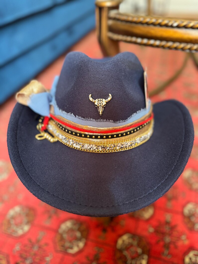 Navy Blue Cowboy Hat Felt Pearls Cowboy Boots Hat Cards Cow Style ...