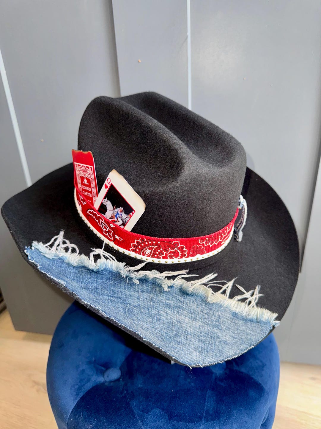 Cowboy Carter Concert Hat: Rhinestone Playing Cards, Distressed Denim ...