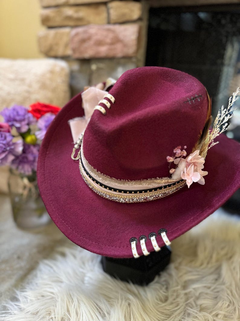 Custom Burgundy Red Wine Maroon Distressed Felt Hat Cowgirl Aesthetic ...