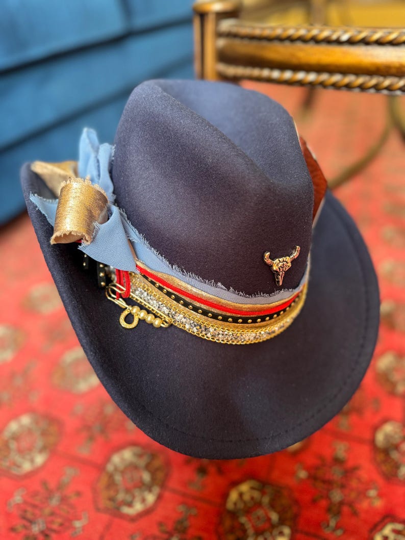 Navy Blue Cowboy Hat Felt Pearls Cowboy Boots Hat Cards Cow Style ...