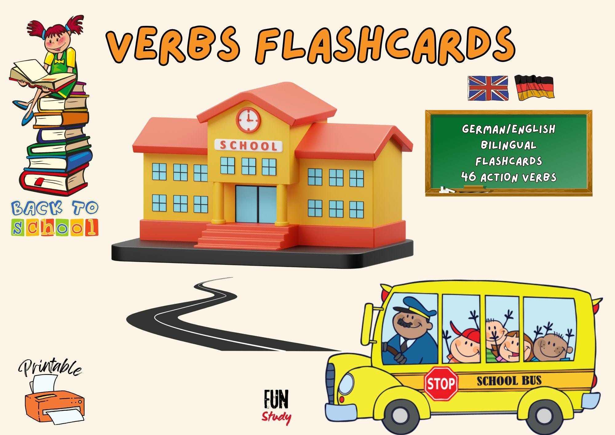 Printable Bilingual English and German Action Verb Flashcards, Verbs ...