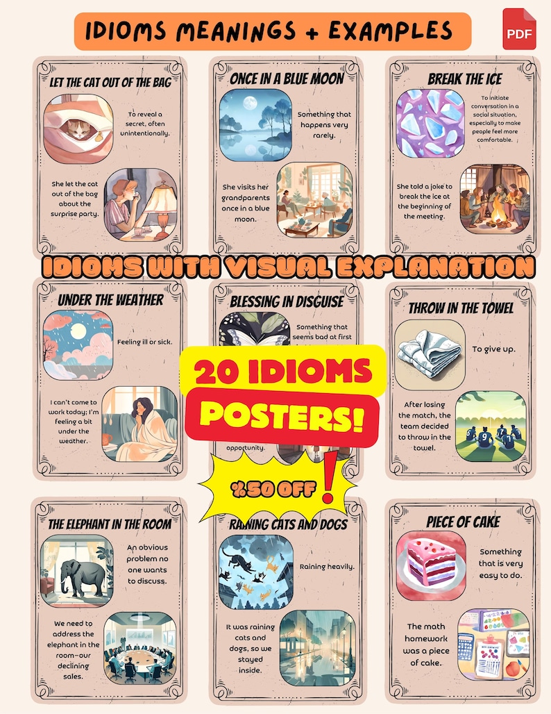 English Idioms Posters, Visual English Idioms Collection, Idioms Poster for Classroom Decoration ...