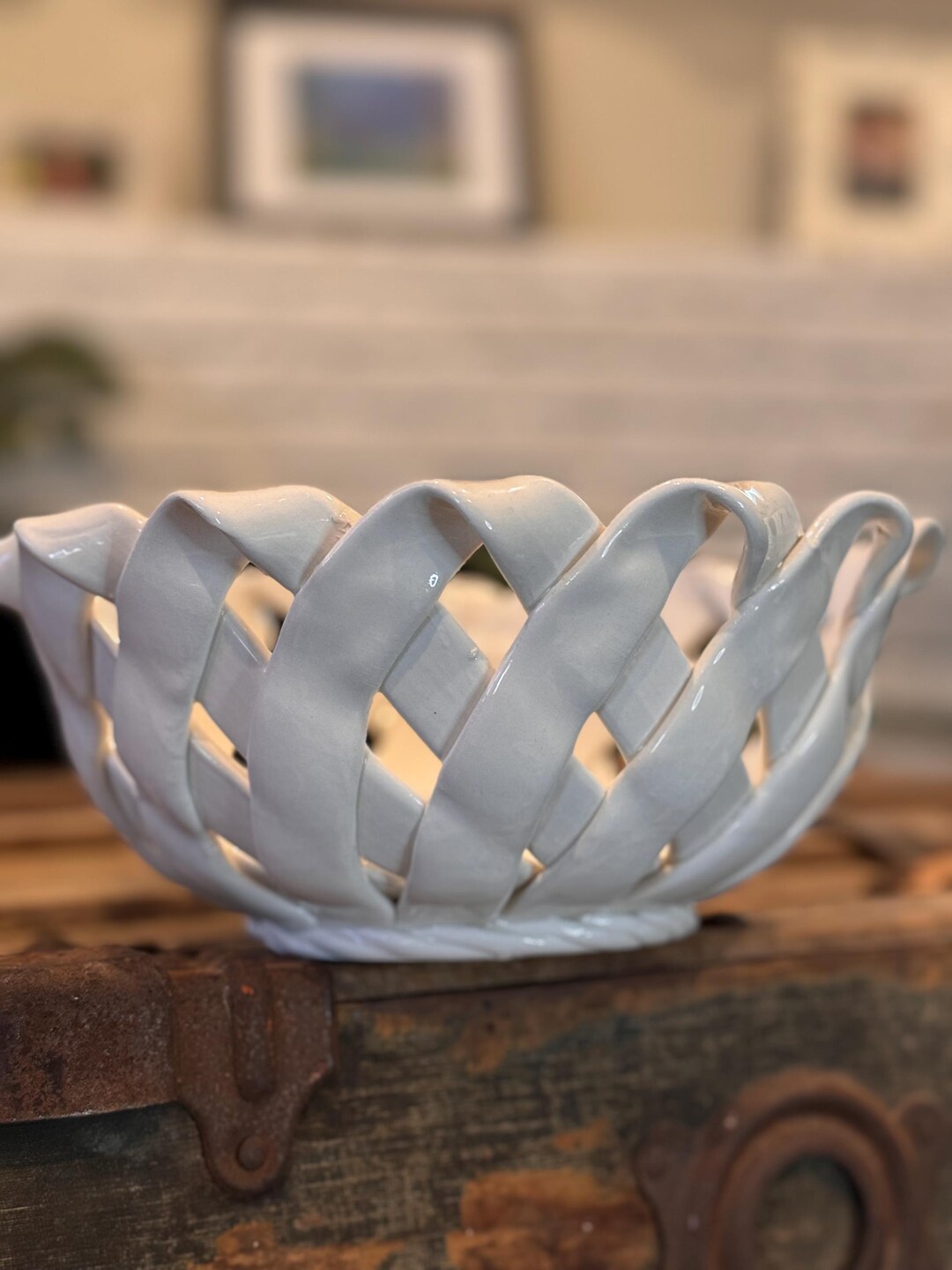 Ceramic Woven Basket Weave Design White Bowl Handmade Collectible ...