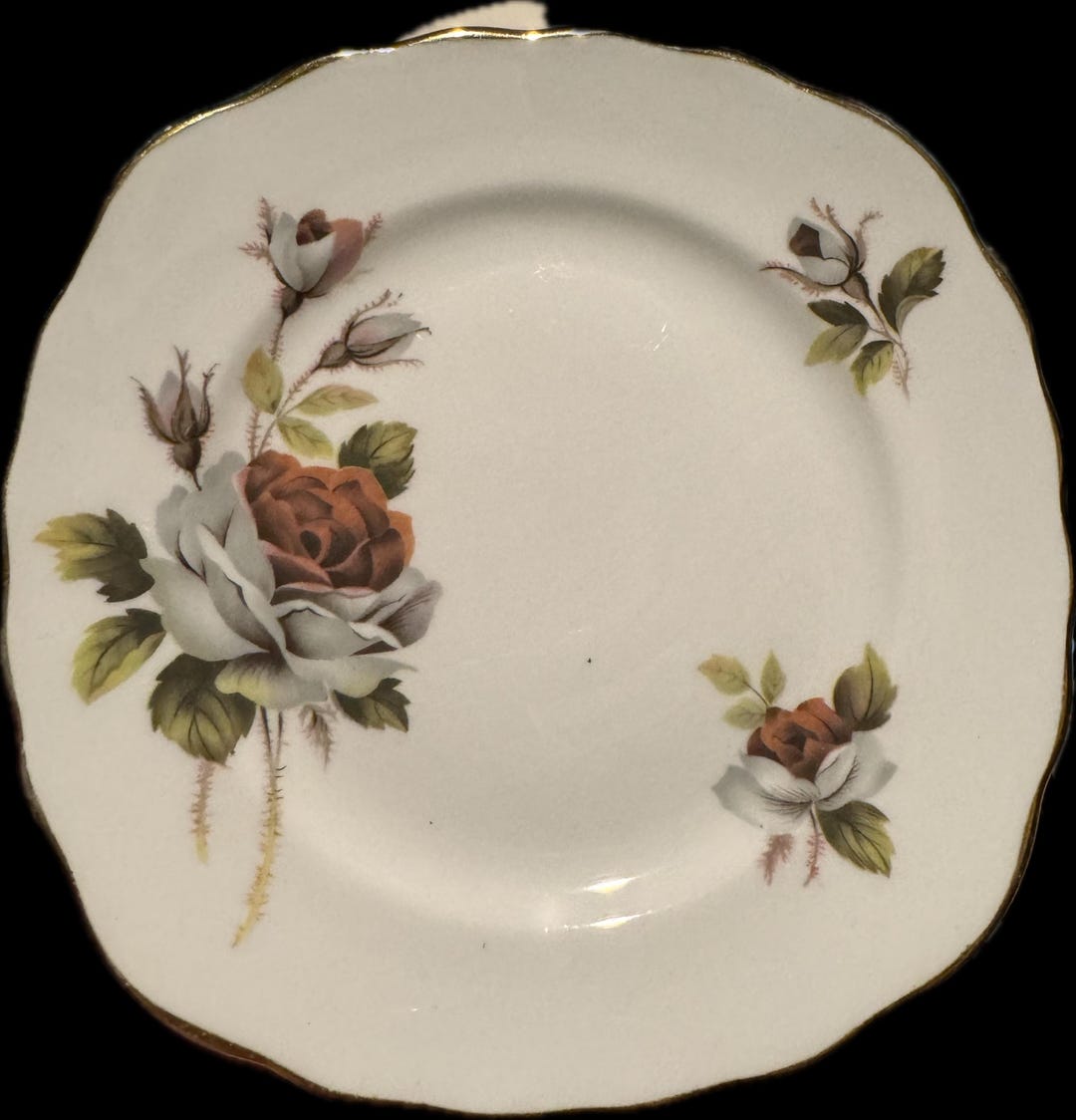 SMALL WHITE PLATE Flowers Roses Floral Pattern, Gray and Burgandy or ...