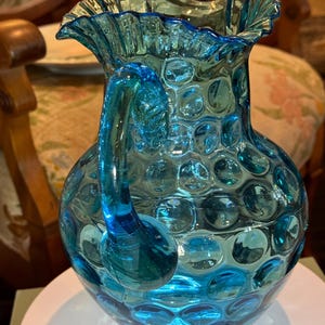 Large Vintage Fenton Blue Optic Coin Dot Pitcher With Crimped Ruffled ...