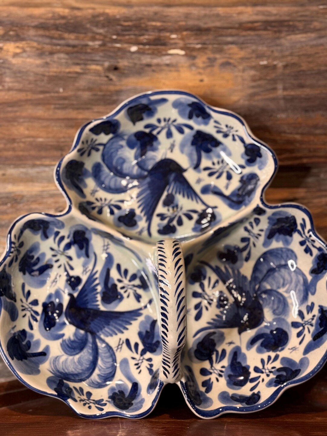 Vintage Hand-painted Blue and White Ceramic Divided Dish With Handle ...