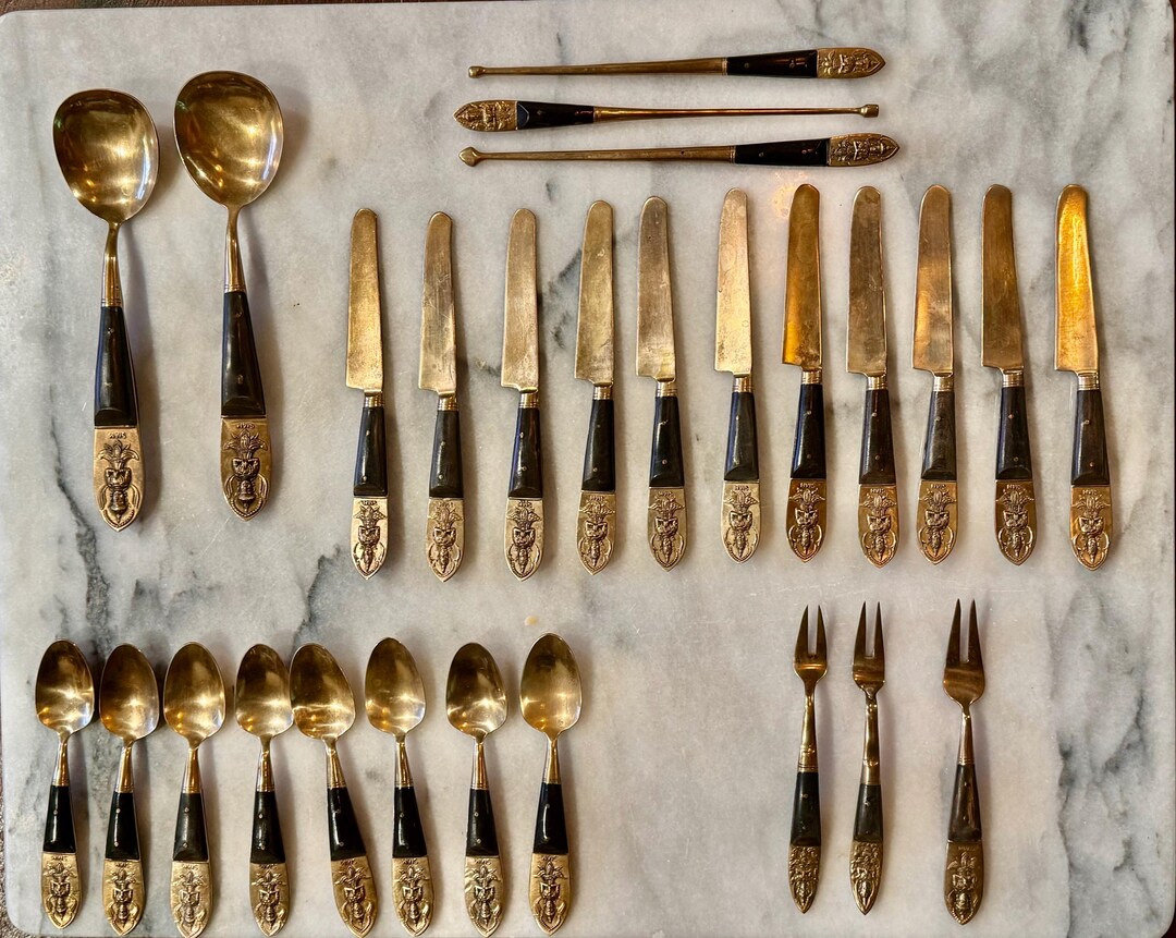 Vintage Siam Brass and Rosewood Thai Flatware Set | Unique Thai Motif ...