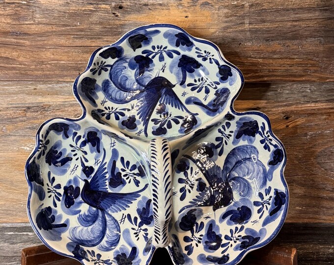 Vintage Hand-painted Blue and White Ceramic Divided Dish With Handle ...