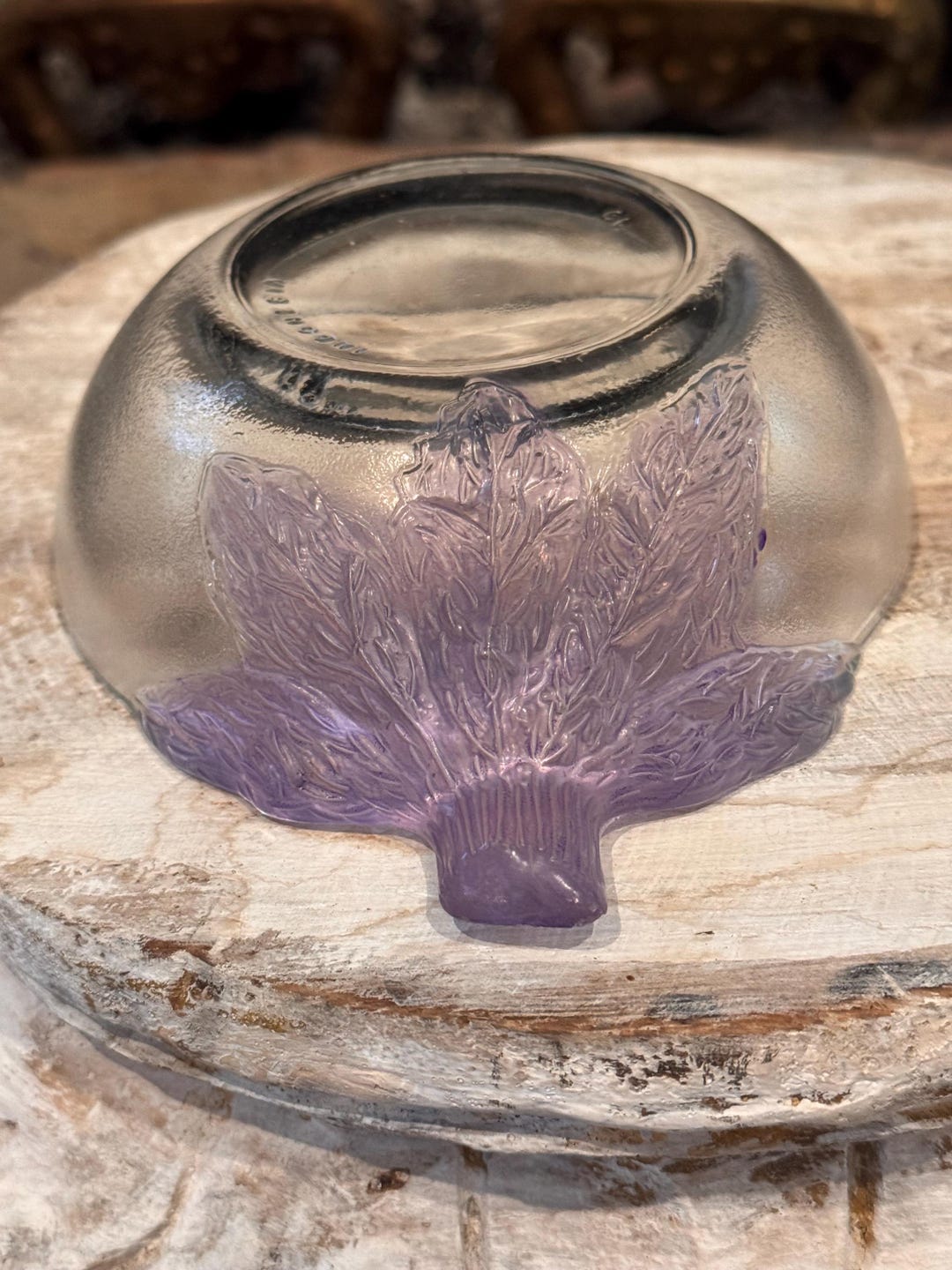 Vintage Clear and Purple Textured Glass Bowl With Leaf Embossed Handle ...