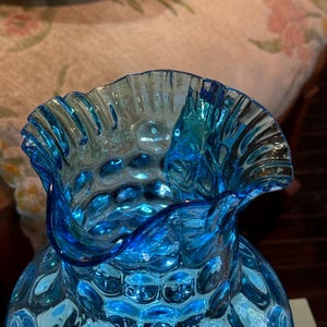 Large Vintage Fenton Blue Optic Coin Dot Pitcher With Crimped Ruffled ...