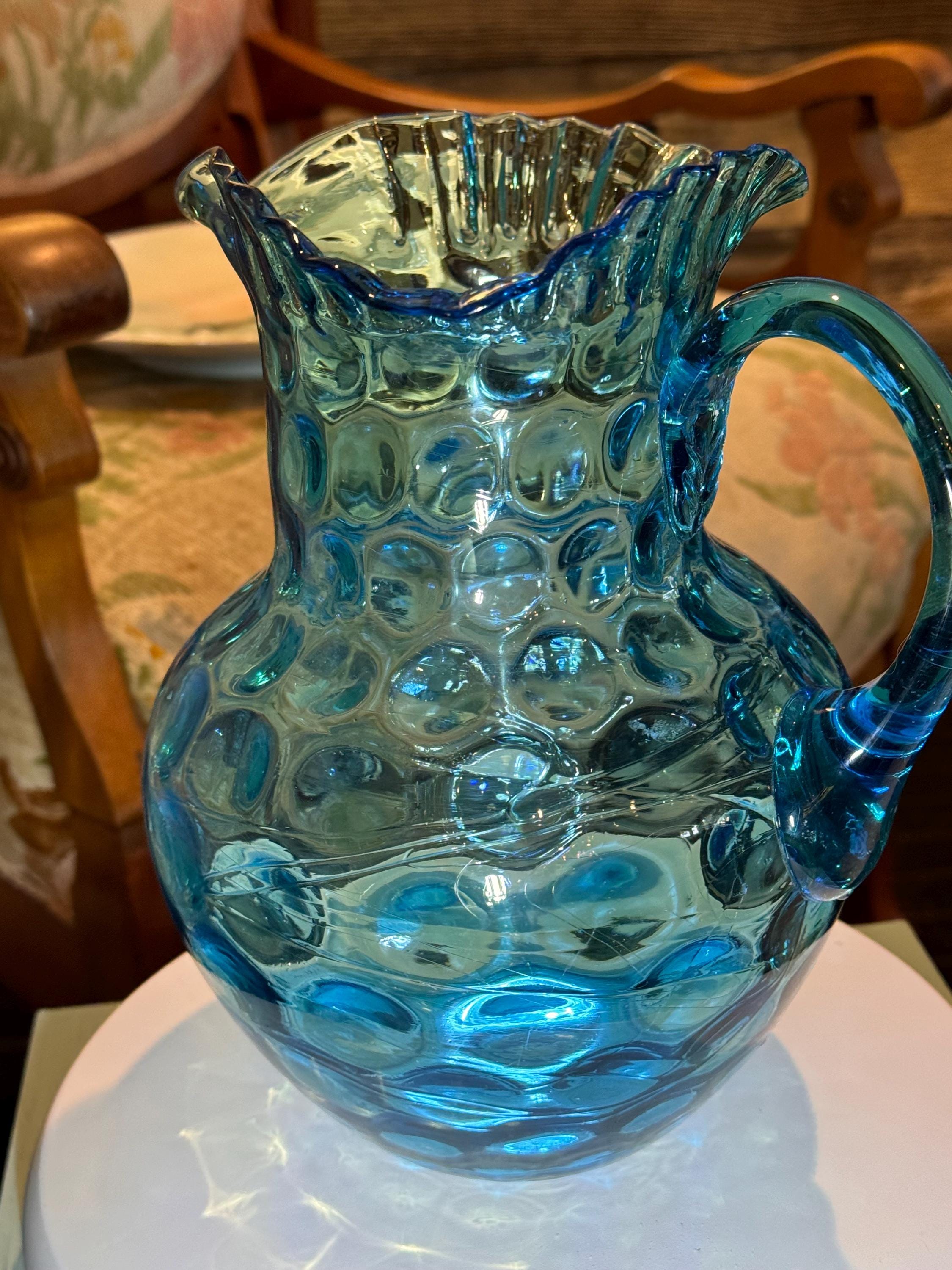 Large Vintage Fenton Blue Optic Coin Dot Pitcher With Crimped Ruffled ...