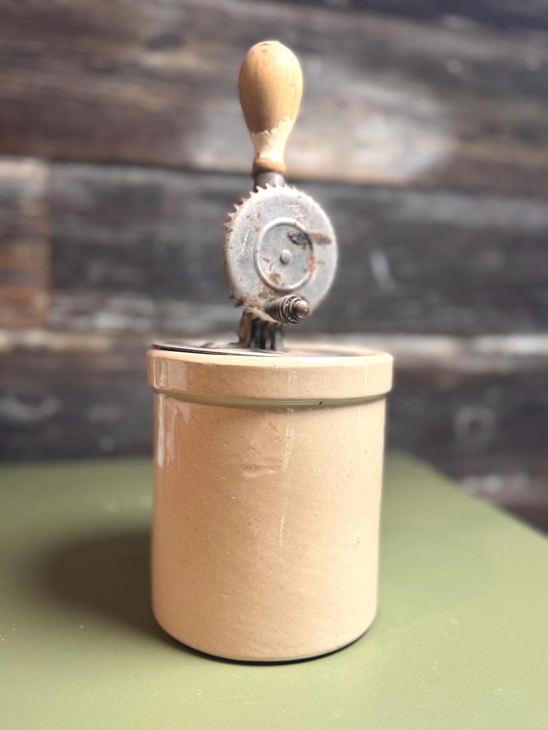 Antique Kitchen Hand Mixer Stoneware Crock Mayonnaise Mixer Wooden ...