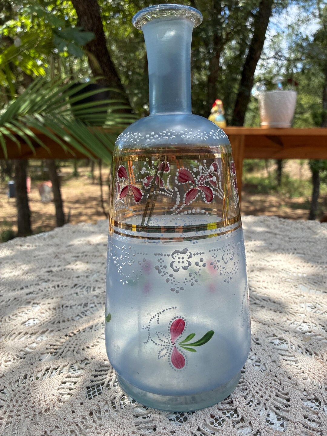 Hand Painted Bohemian Frosted Glass Decanter 9.5” Pink Enamel Flowers ...