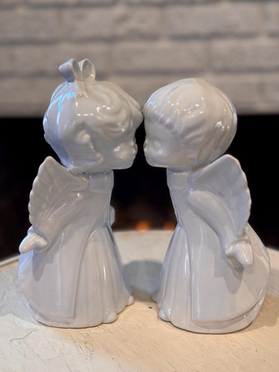 Vintage Ceramic Kissing Angels Figurines Set White Glossy Porcelain Collectible Pair, Angel ...