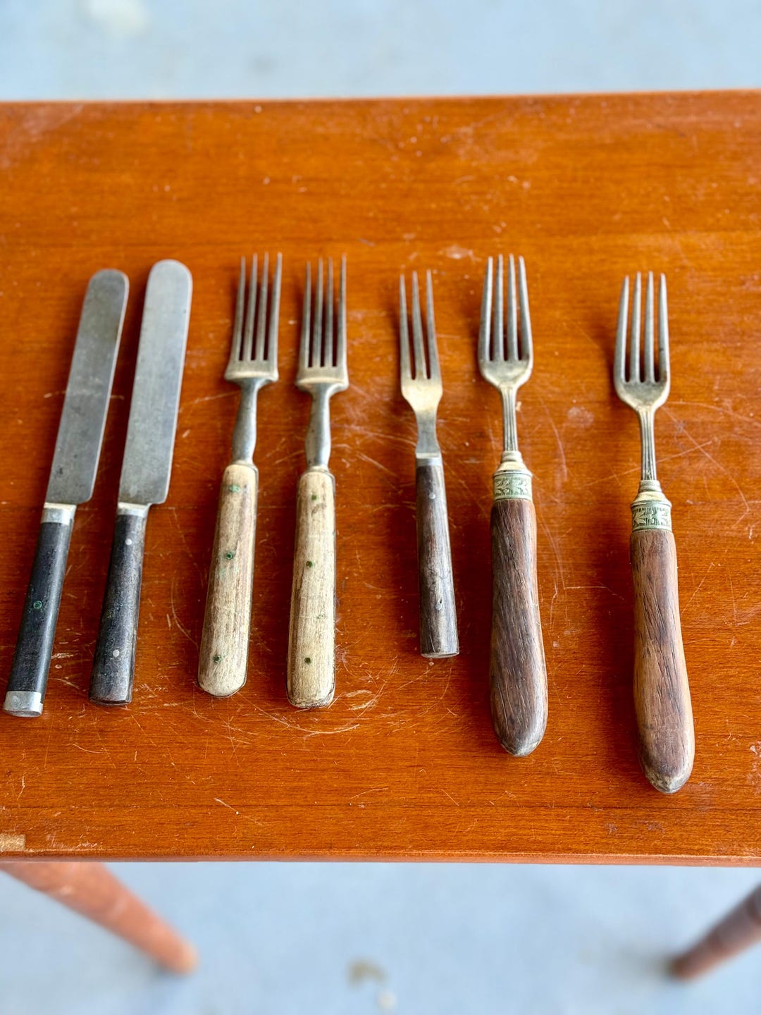 Antique 19th Century Flatware 1800s Civil War Era Knives & Forks Wooden Handles 3 Tine 4 Tine ...