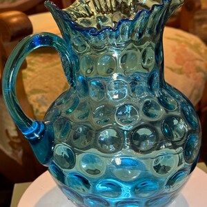 Large Vintage Fenton Blue Optic Coin Dot Pitcher With Crimped Ruffled ...
