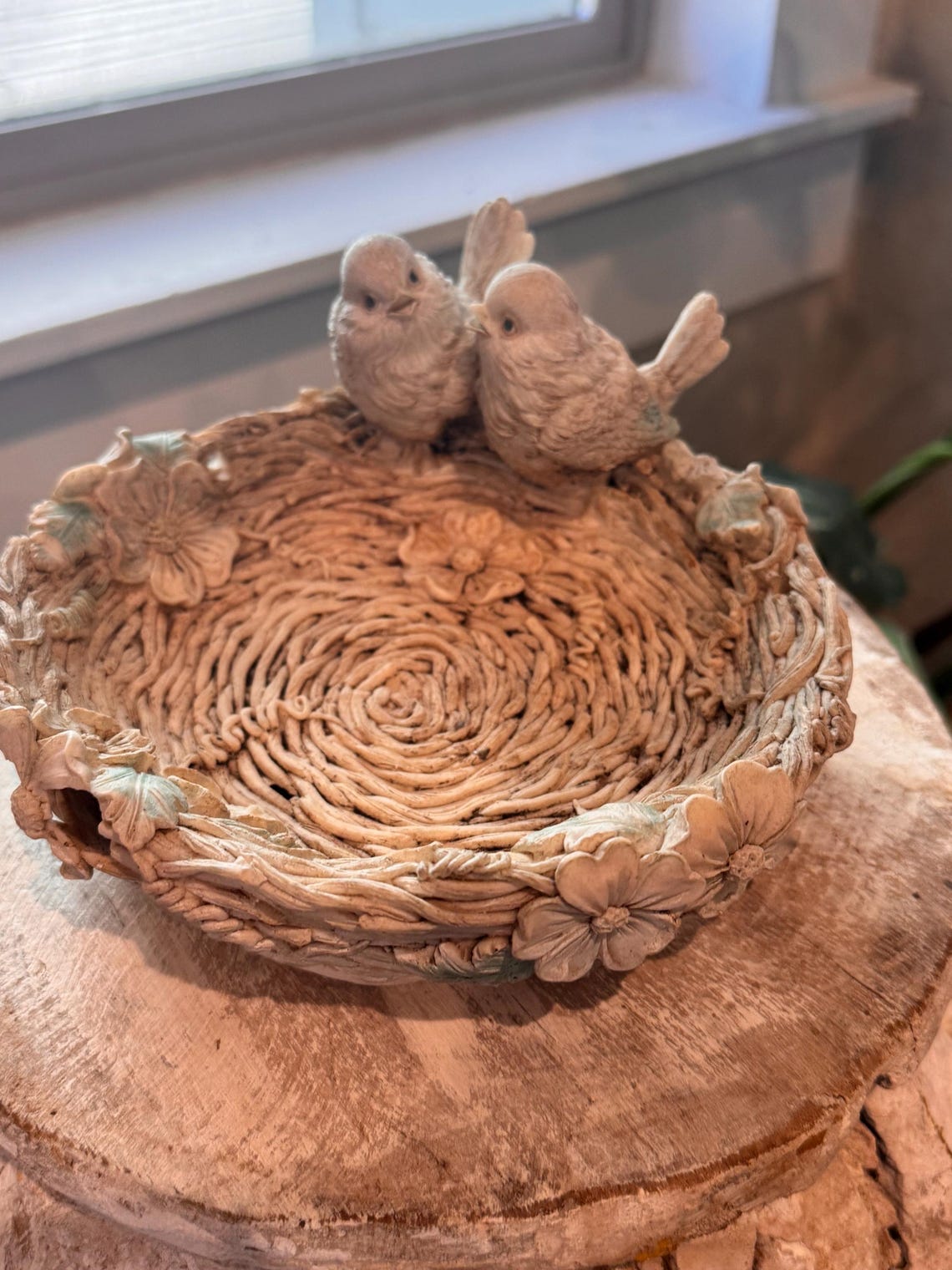 Antique Thin Ceramic or Dough Art Love Birds Nest Bowl With Floral Accents Cottagecore, Nature ...