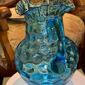 Large Vintage Fenton Blue Optic Coin Dot Pitcher With Crimped Ruffled ...