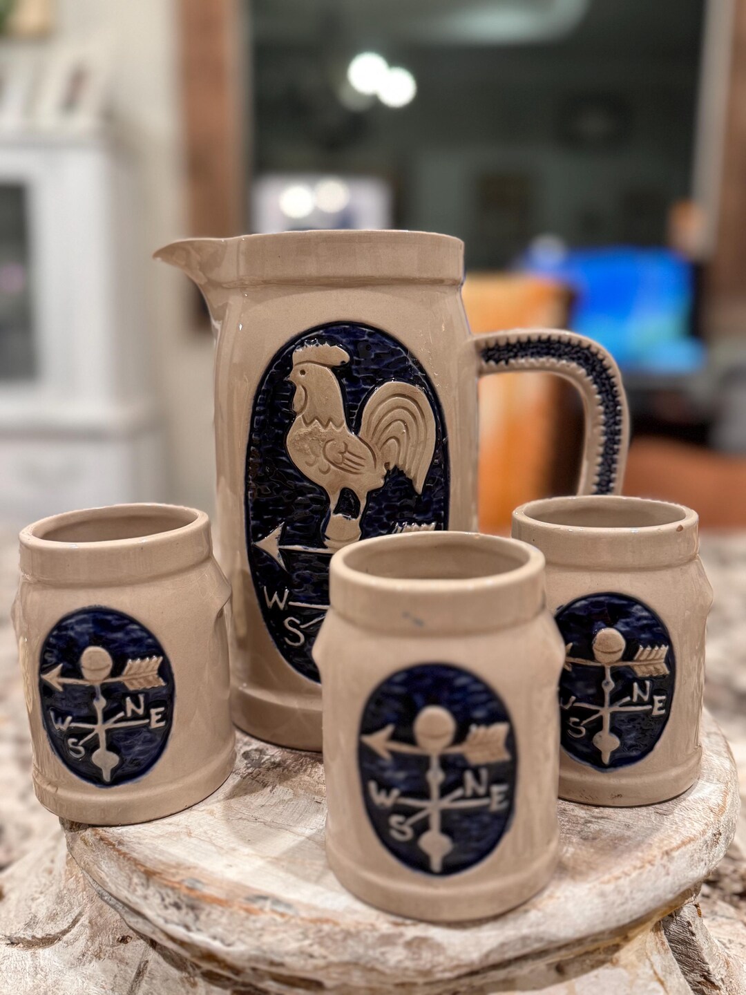 Vintage Beige and Blue Stoneware Pitcher & Cup Set Rooster Weather Vane ...