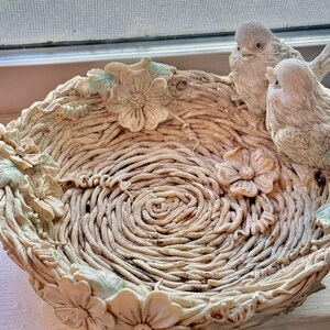Antique Thin Ceramic or Dough Art Love Birds Nest Bowl With Floral Accents Cottagecore, Nature ...