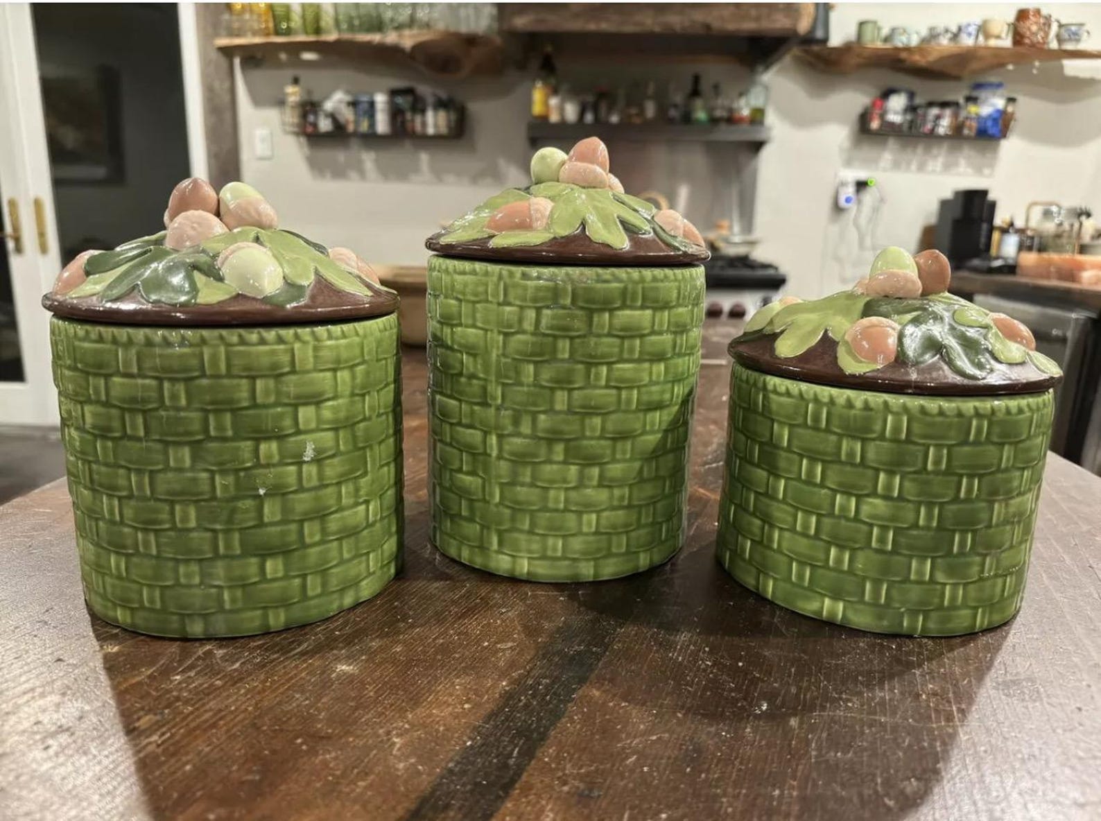 Vintage Green Kitchen Canister Set With Pink and Brown Acorns Just in ...