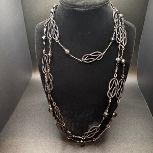 Black Long Beaded Necklace Vintage Black Chain With Gold Necklace Rare ...