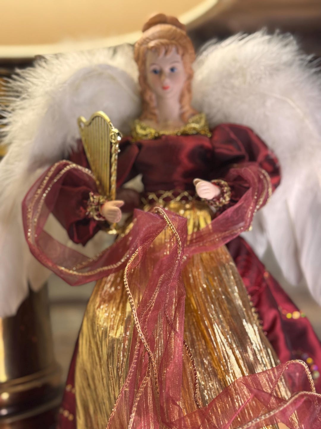 Vintage Angel Tree Topper With Harp - Burgundy and Gold Gown, Feather ...