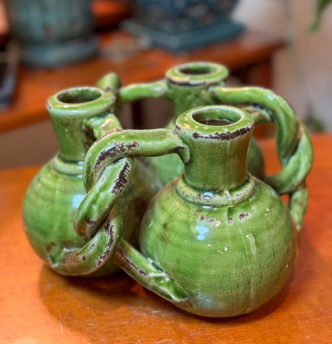 Vintage Handmade Eclectic Piece Pottery Cluster Vase Bud Vessel Green ...