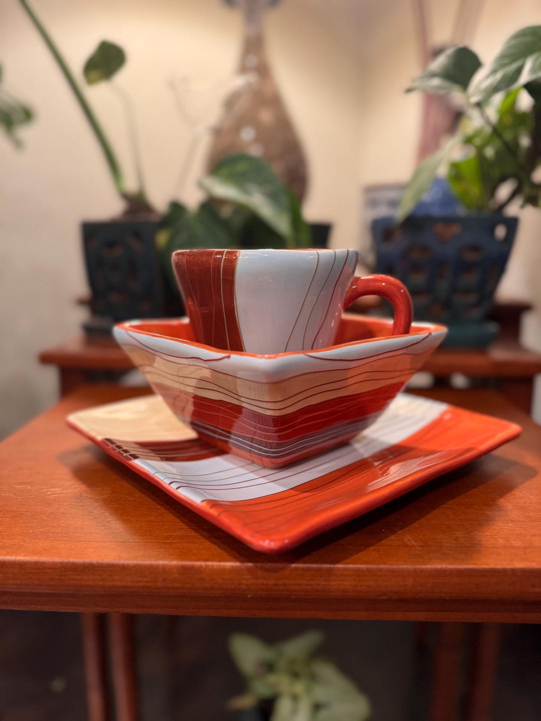 Vintage Pier 1 Imports canyon Stripe Dinnerware 3 Piece Set Mug Bowl ...