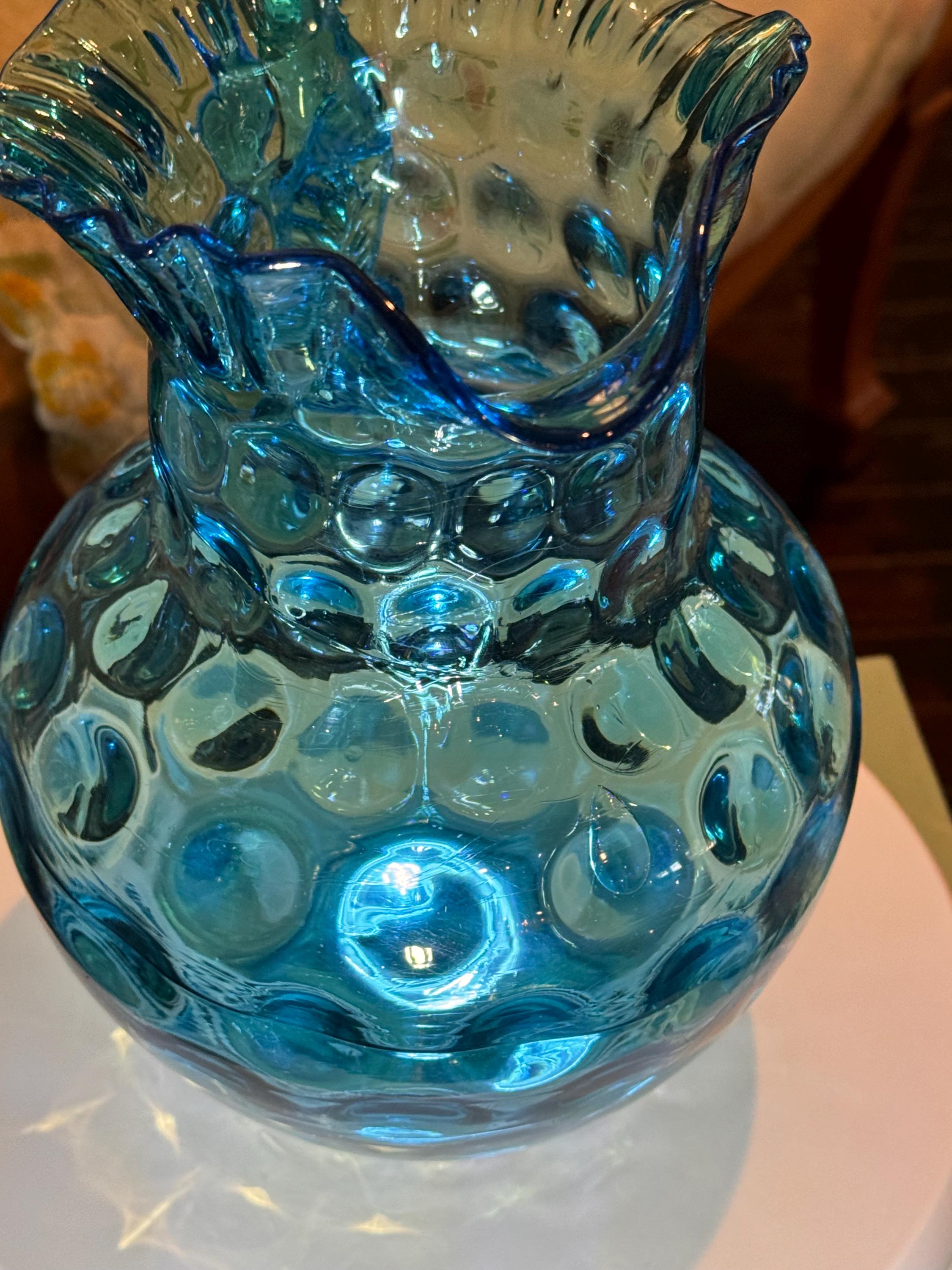 Large Vintage Fenton Blue Optic Coin Dot Pitcher With Crimped Ruffled ...