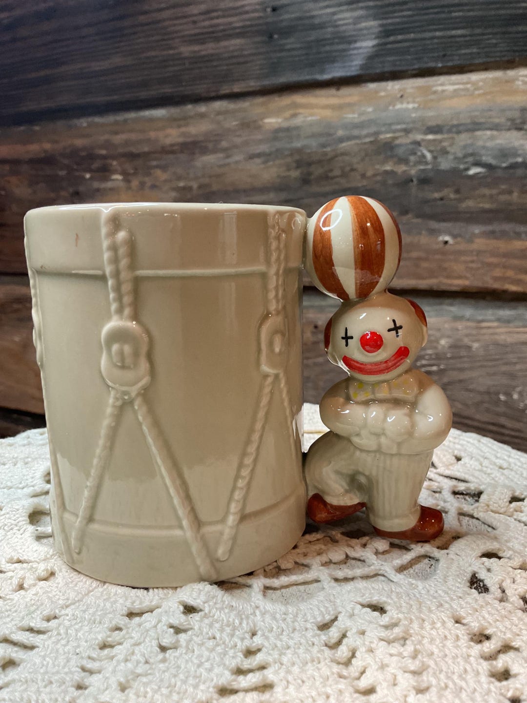 Vintage Ceramic Clown Mug Circus Theme Beige Drum Cup 3” Diameter 3 3/4 ...