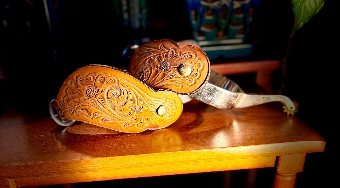 Vintage Leather Hand Tooled Spur Set Estate Sale Find Real Cowboy Spurs ...