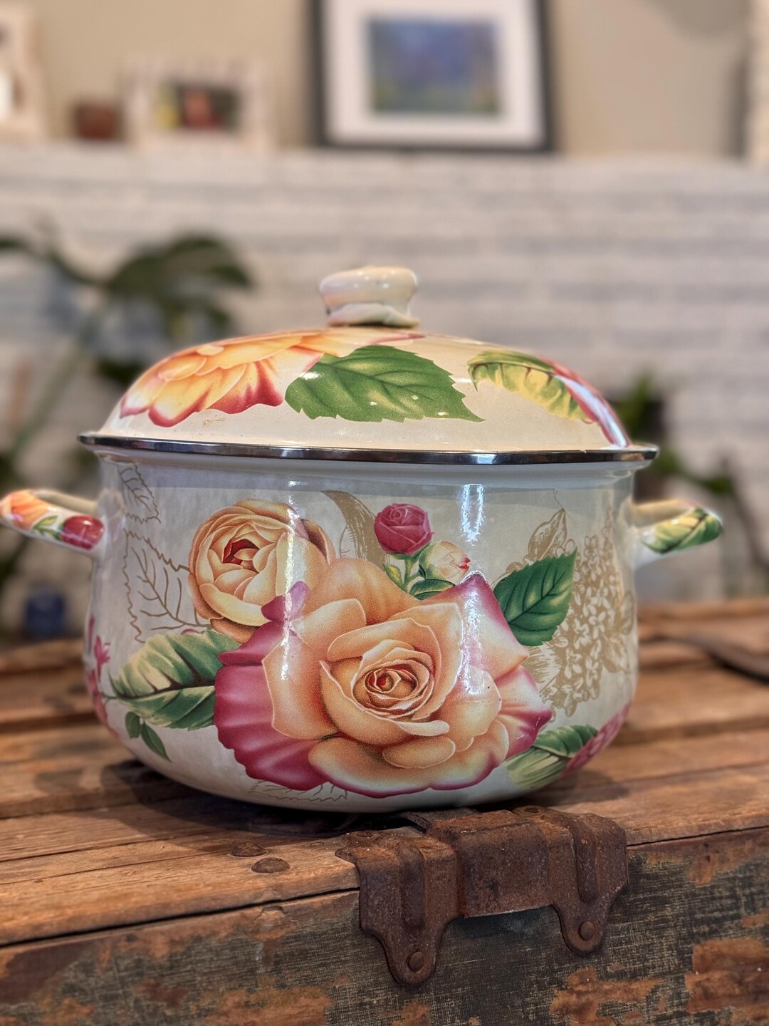 Vintage 1980s Floral White Pink Painted Enamel Coated Steel Dutch Oven ...