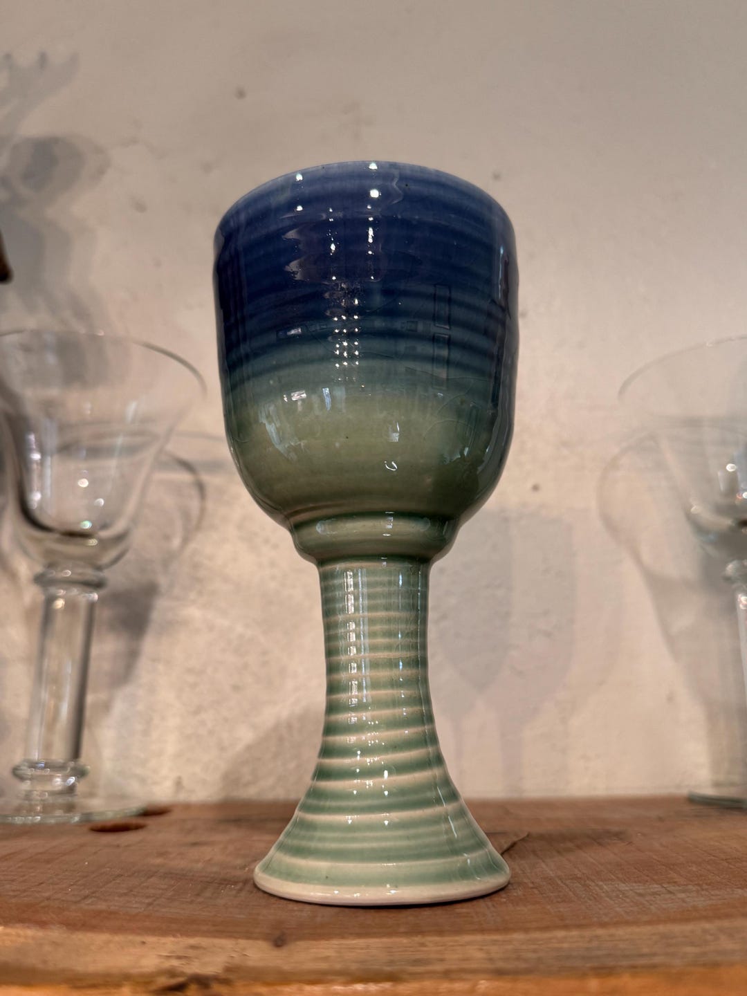 Signed Pottery Ceramic Wine Goblets Green Blue Tumblers - Etsy