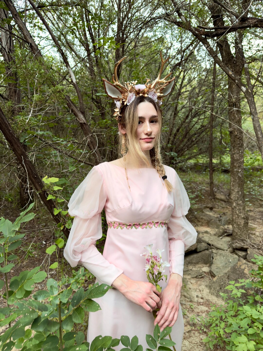 Pink Fairycore Cottagecore Gown Dress With Puffy Sleeves and Rose Trim ...