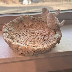 Antique Thin Ceramic or Dough Art Love Birds Nest Bowl With Floral Accents Cottagecore, Nature ...