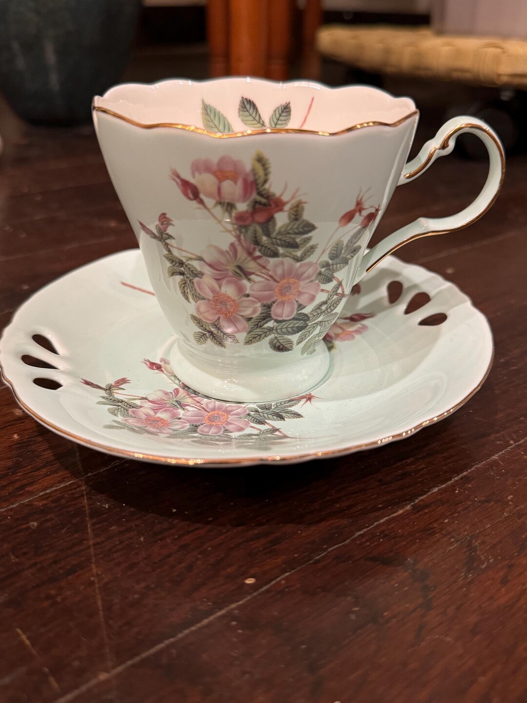 Meritage Floral Teacup and Saucer Set With Gold Trim – Vintage Pink ...