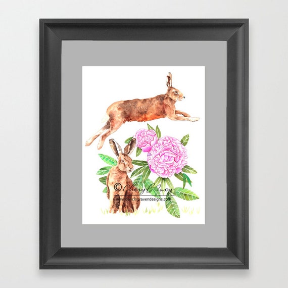 Art Print Peony Hares by Cheryl Lacy | Etsy
