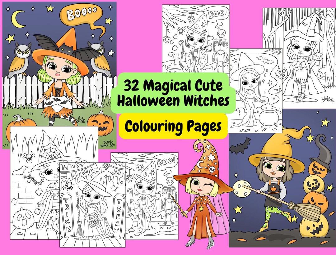 32 Colouring Pages of Magical Halloween Cute Witches. Spooky Fun ...