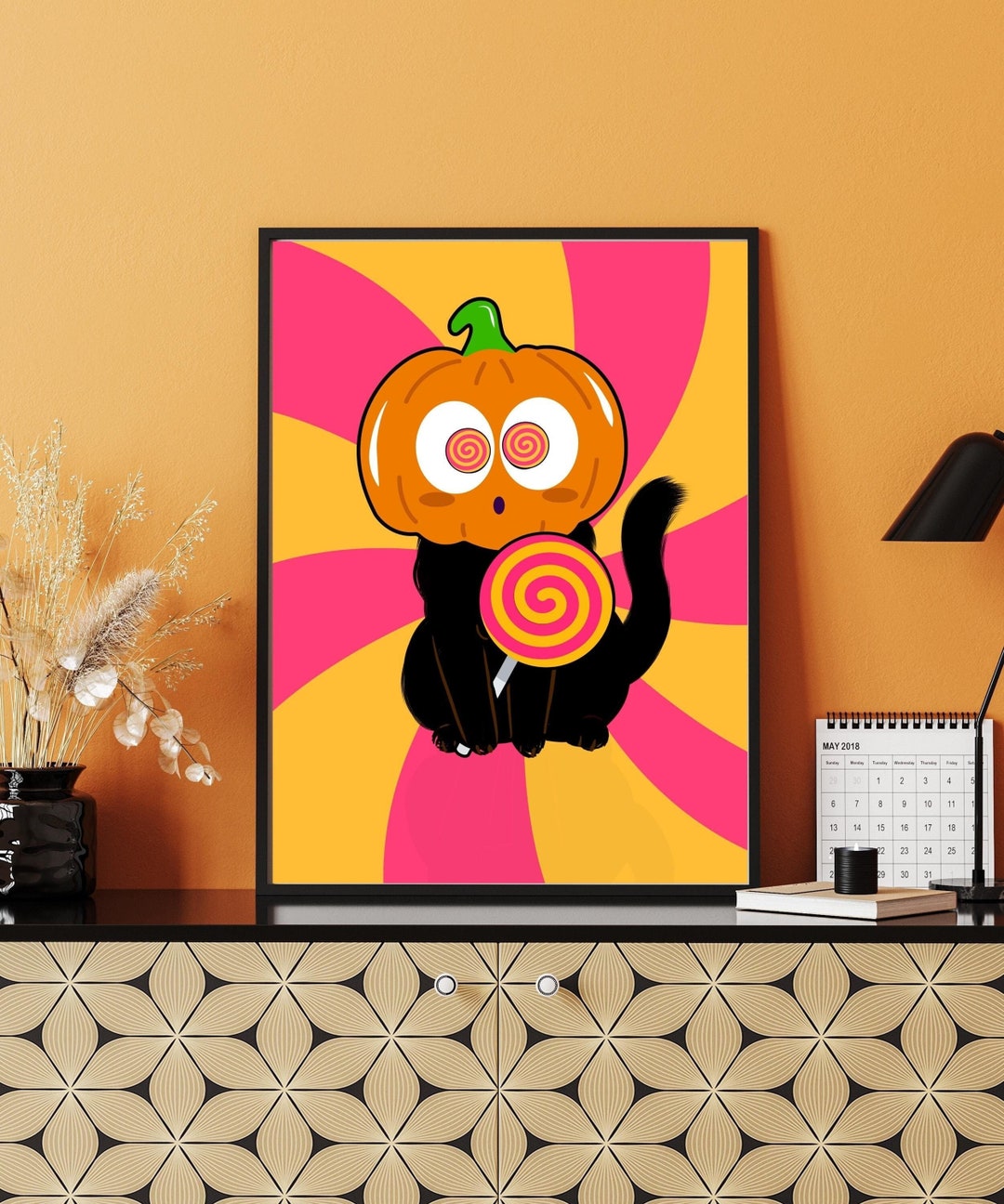 Spooky Pumpkin Cat Art Print Cute Halloween Wall Decor for Kids, Trick ...