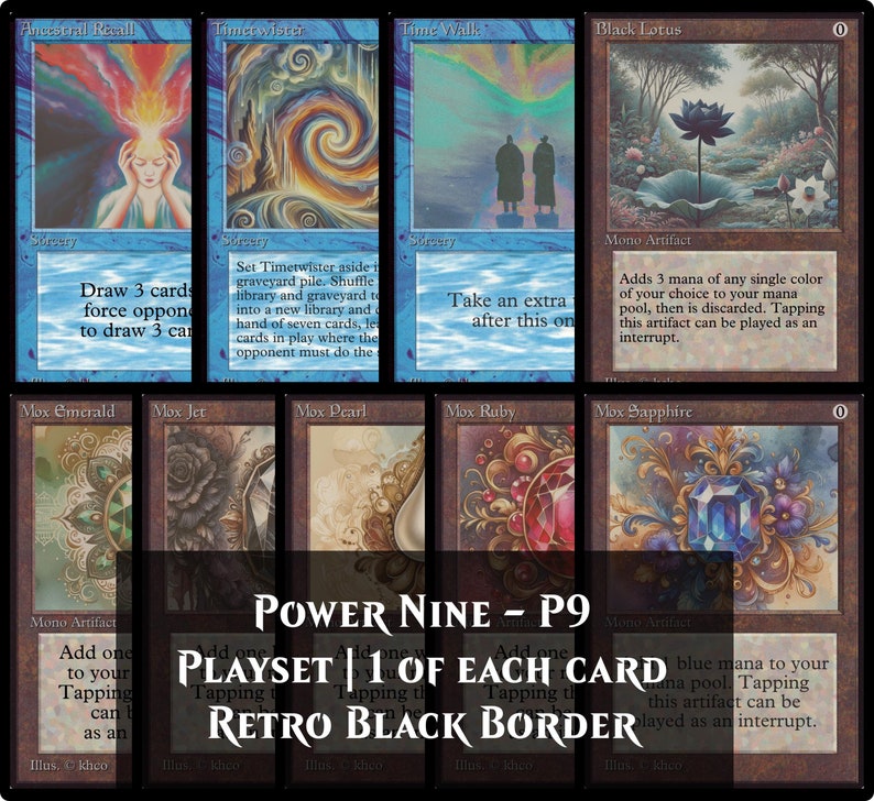 Power Nine P9 Playset Retro Alpha Black Border MTG Custom Altered Art ...