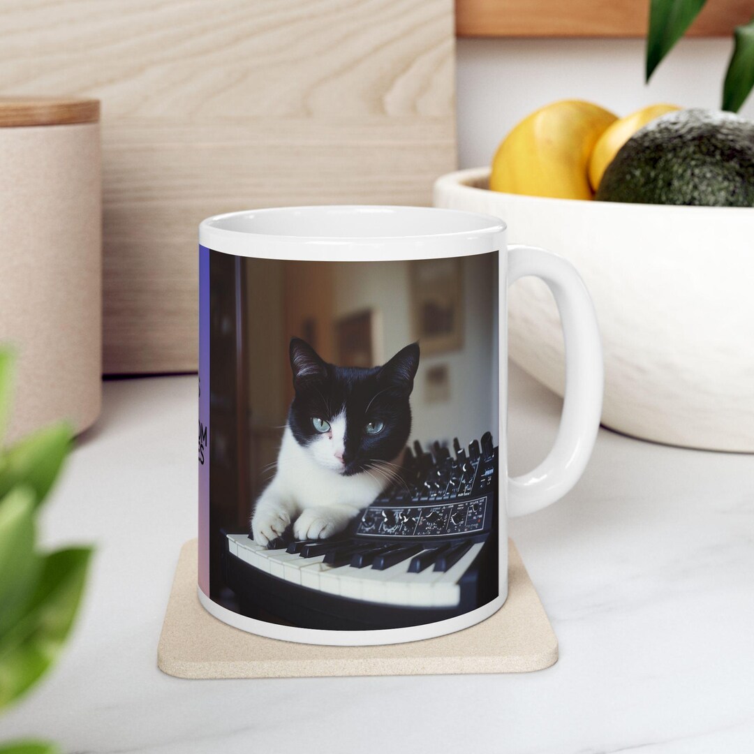 Two Color Cat on a Synthesizer Ceramic Mug - Music Lover Gift, Cute Cat ...