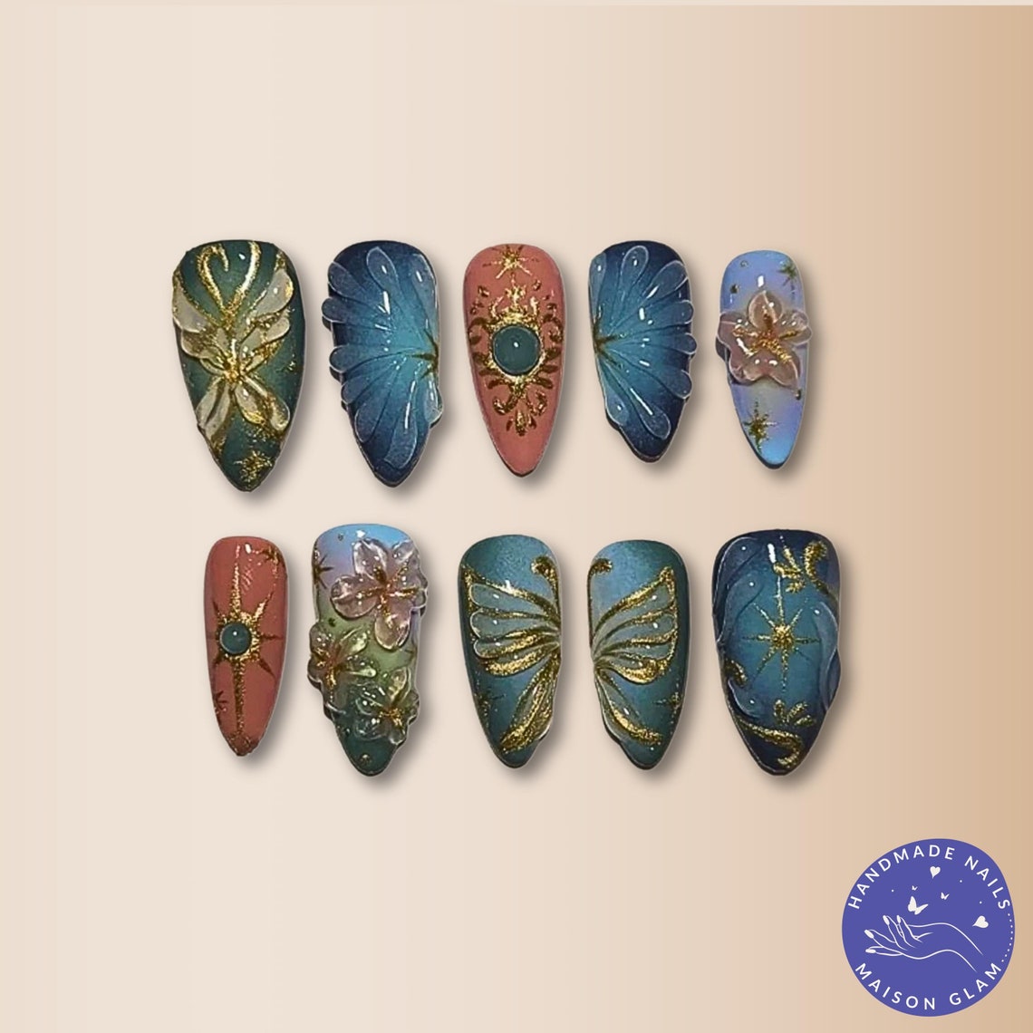 Earth Tones Petrol Blue Green 3D Gradient Almond Nails Press on Nails ...