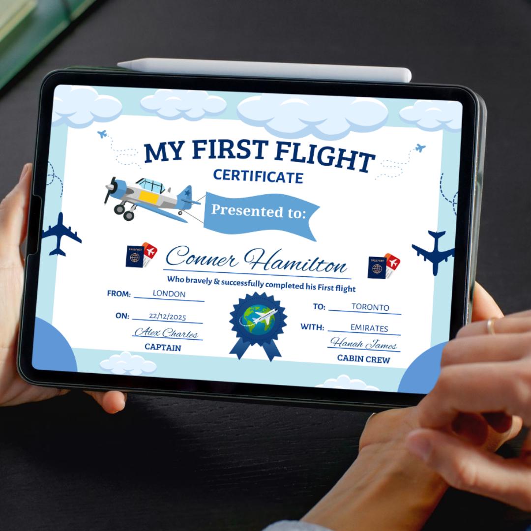 My First Flight Certificate | Baby & Kids Flying Award | Editable ...