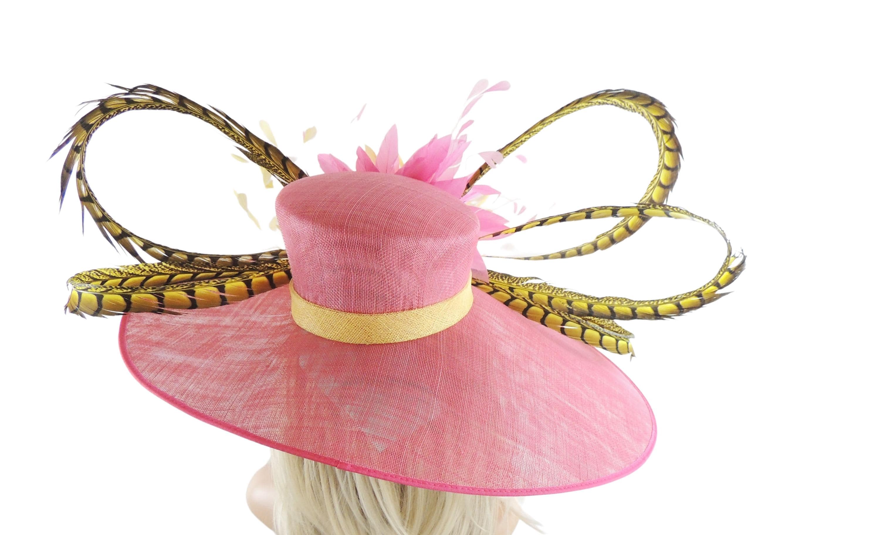 Hot Pink Lemon Yellow Wide Brim Kentucky Derby Hat Fancy Extra Large ...
