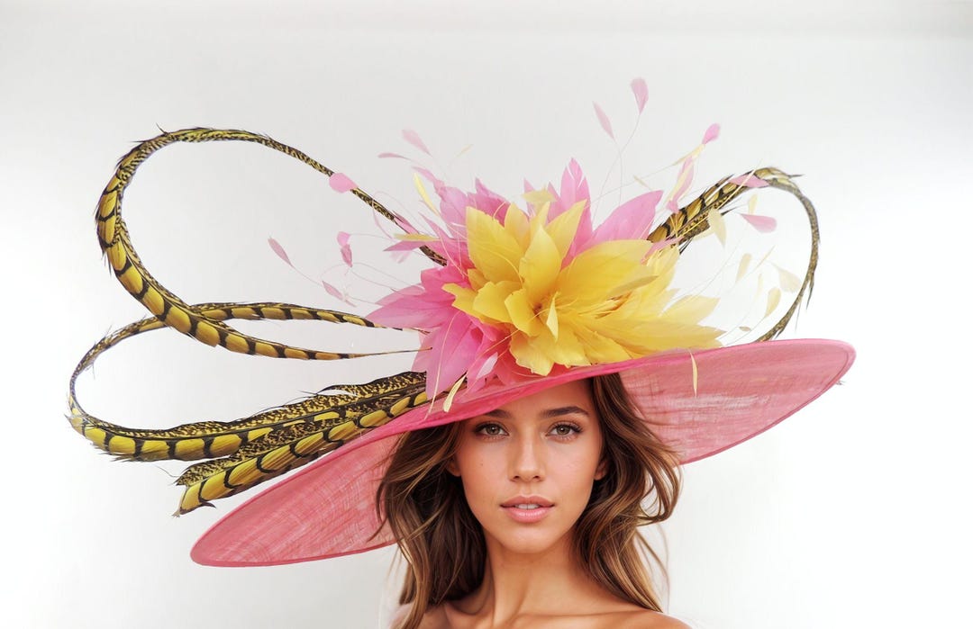 Hot Pink Lemon Yellow Wide Brim Kentucky Derby Hat Fancy Extra Large ...