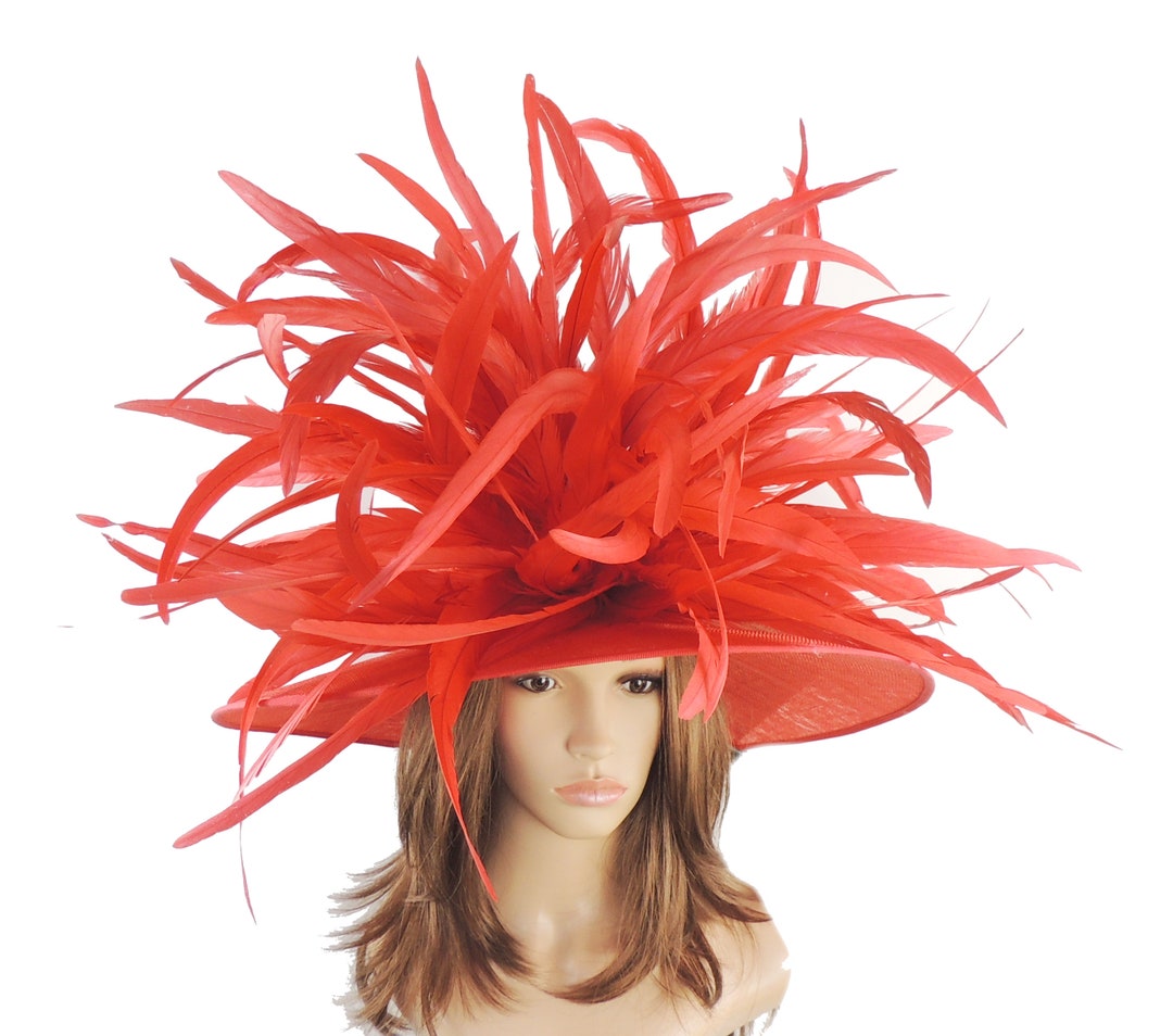 Red Large Feather Kentucky Derby Hat for Ascot Wedding Guest Garden Tea ...